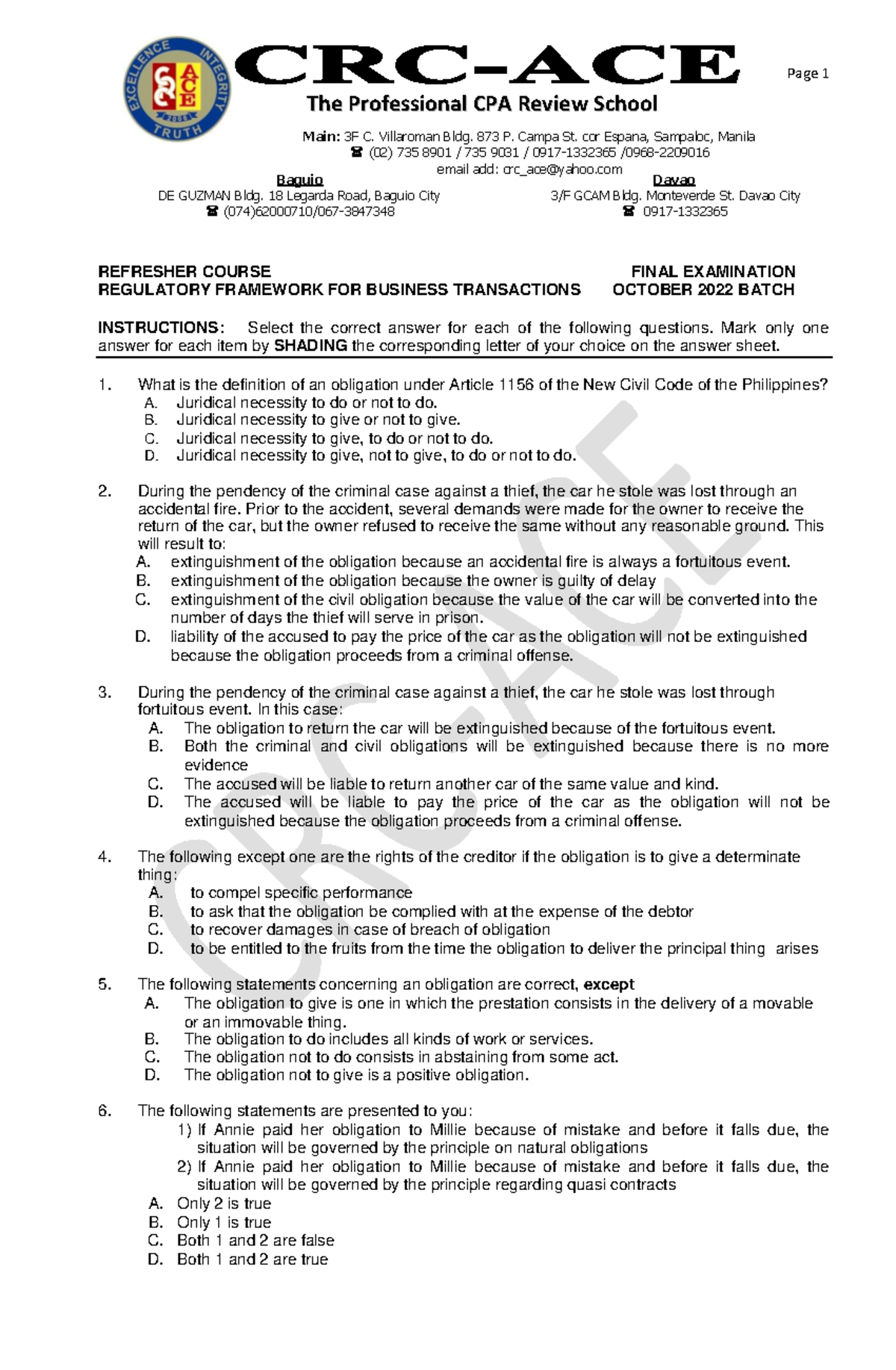 RFBT-finals - RFBT FINALS CPALE - REFRESHER COURSE FINAL EXAMINATION REGULATORY FRAMEWORK FOR ...