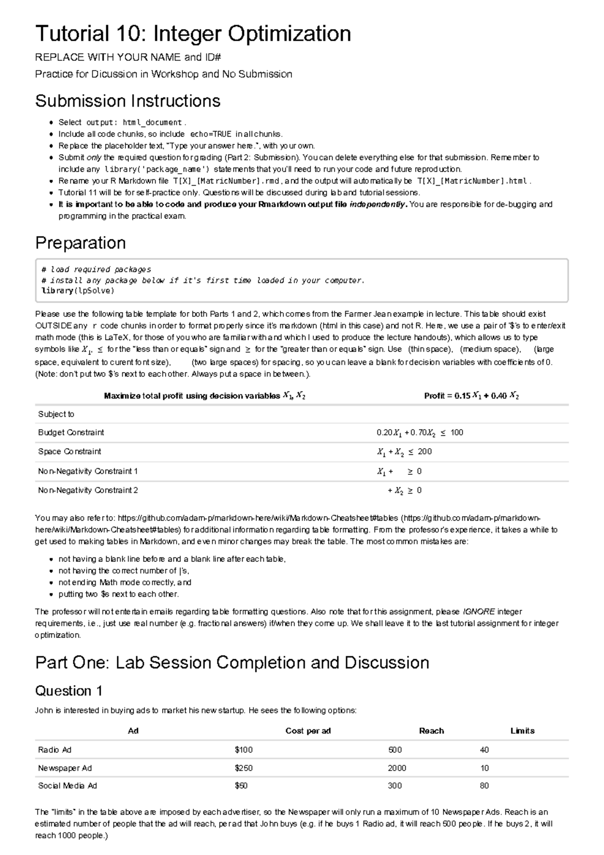 Tutorial 10 Integer Optimisation Tutorial 10 Integer Optimization Replace With Your Name And