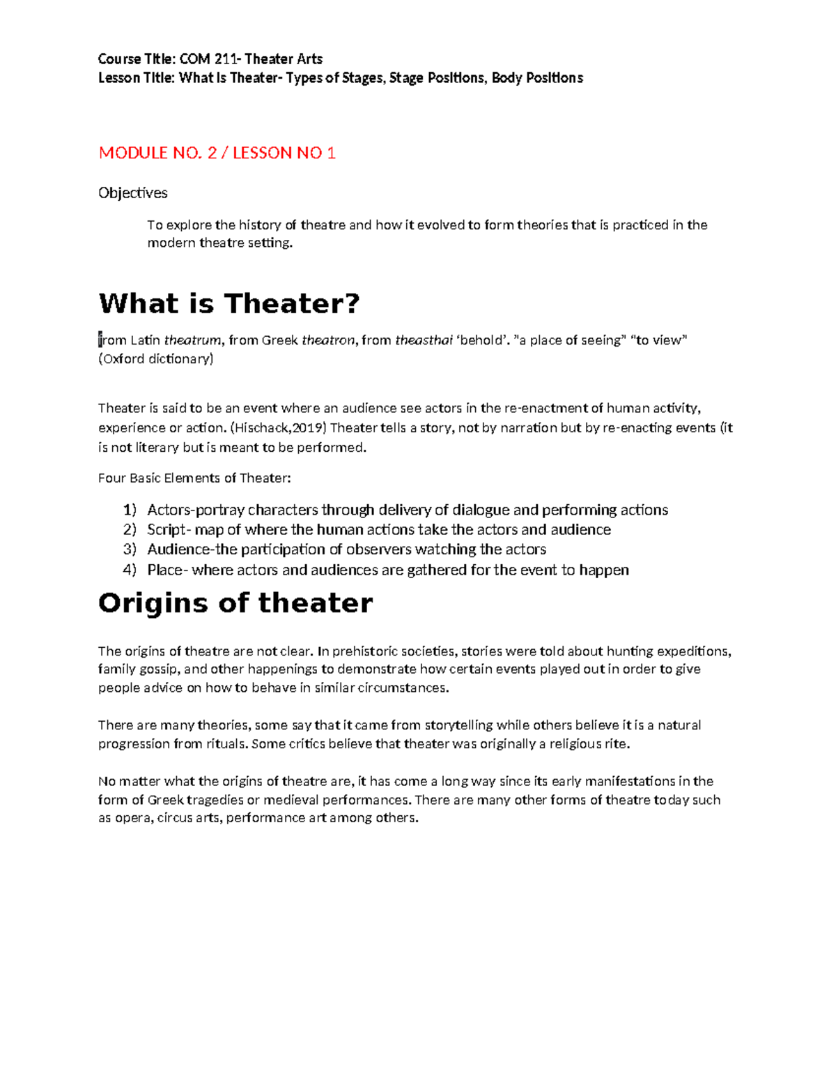 COM 211 Module 02 - Course Title: COM 211- Theater Arts Lesson Title ...