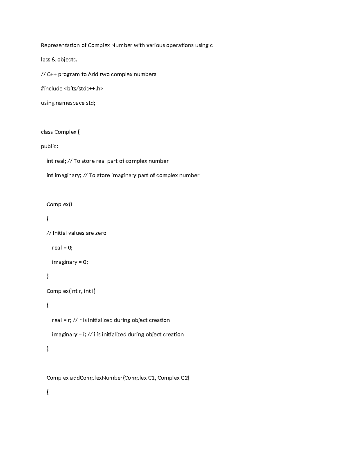 Representation Of Complex Number With Various Operations Using C C Program To Add Two