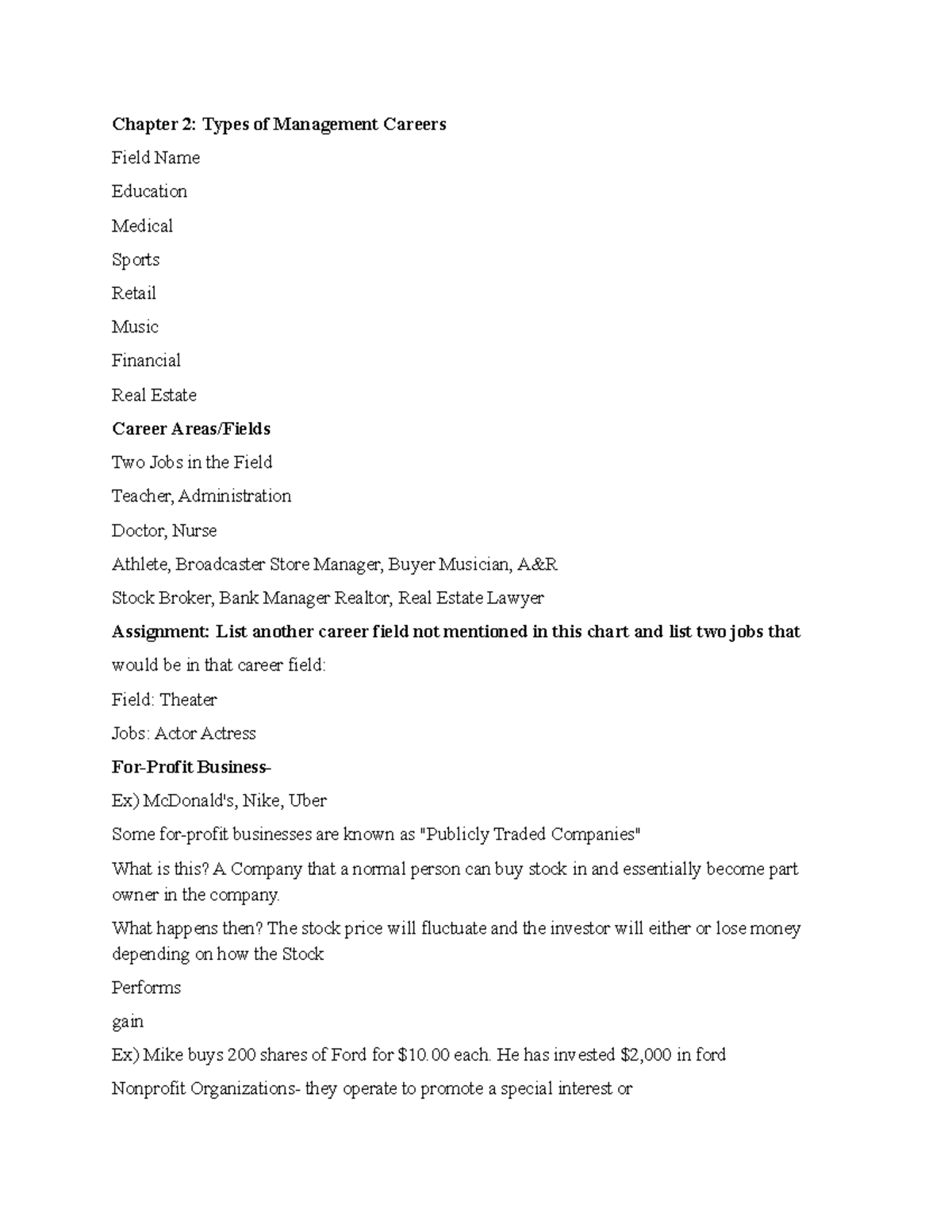 Business notes-chapter 2 pt3 - Chapter 2: Types of Management Careers ...