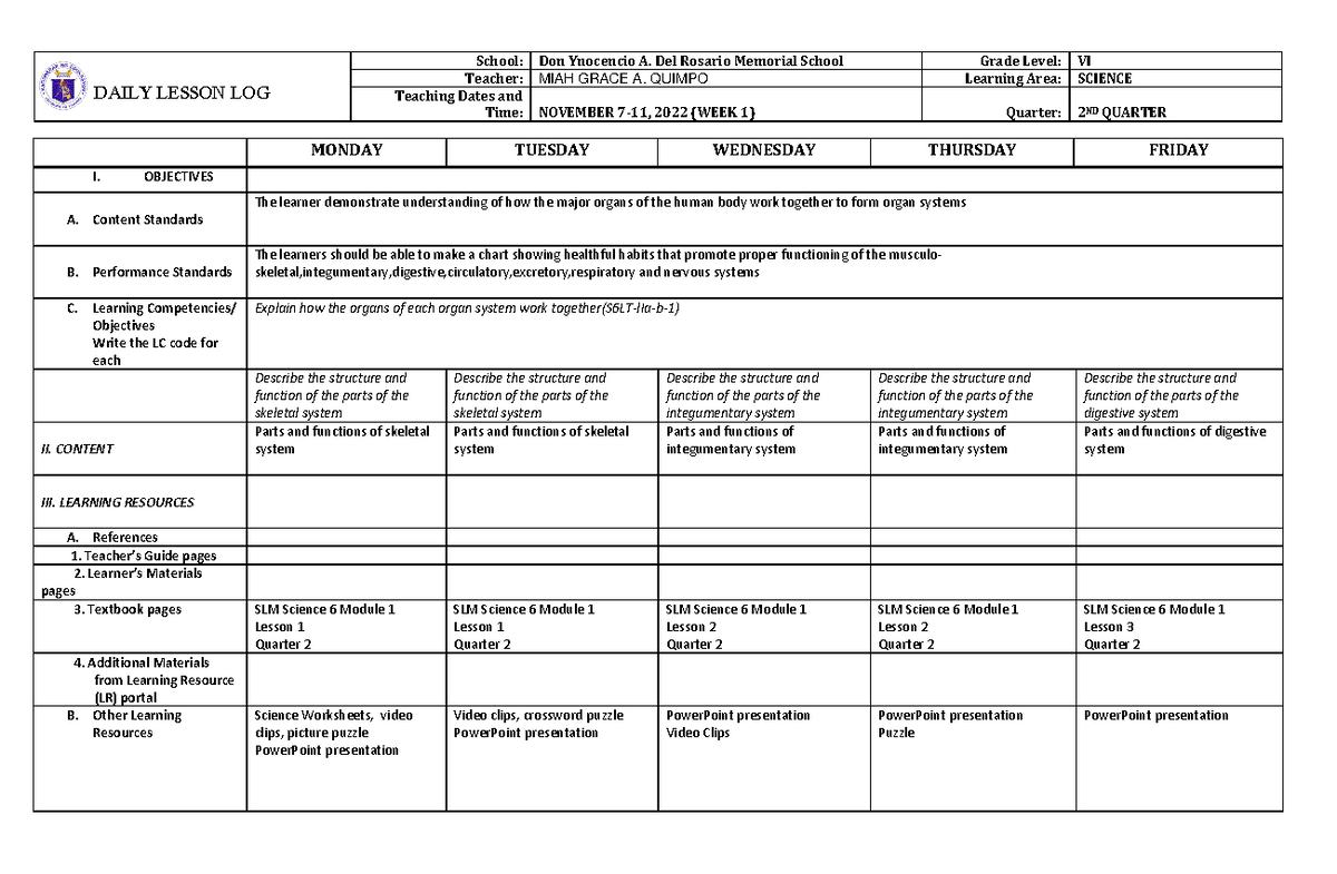 DLL Science 6 Q2 W1 - FOR RESEARCH PURPOSES ONLY - DAILY LESSON LOG ...