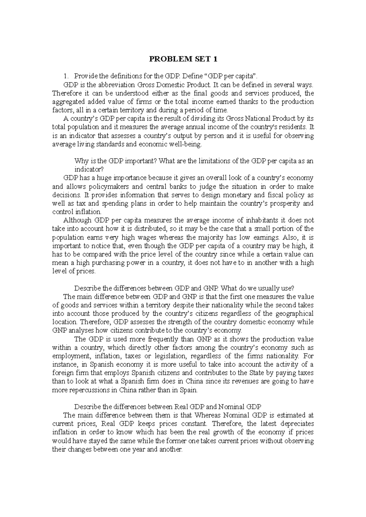 Problem Set 1 on GDP - PROBLEM SET 1 Provide the definitions for the ...