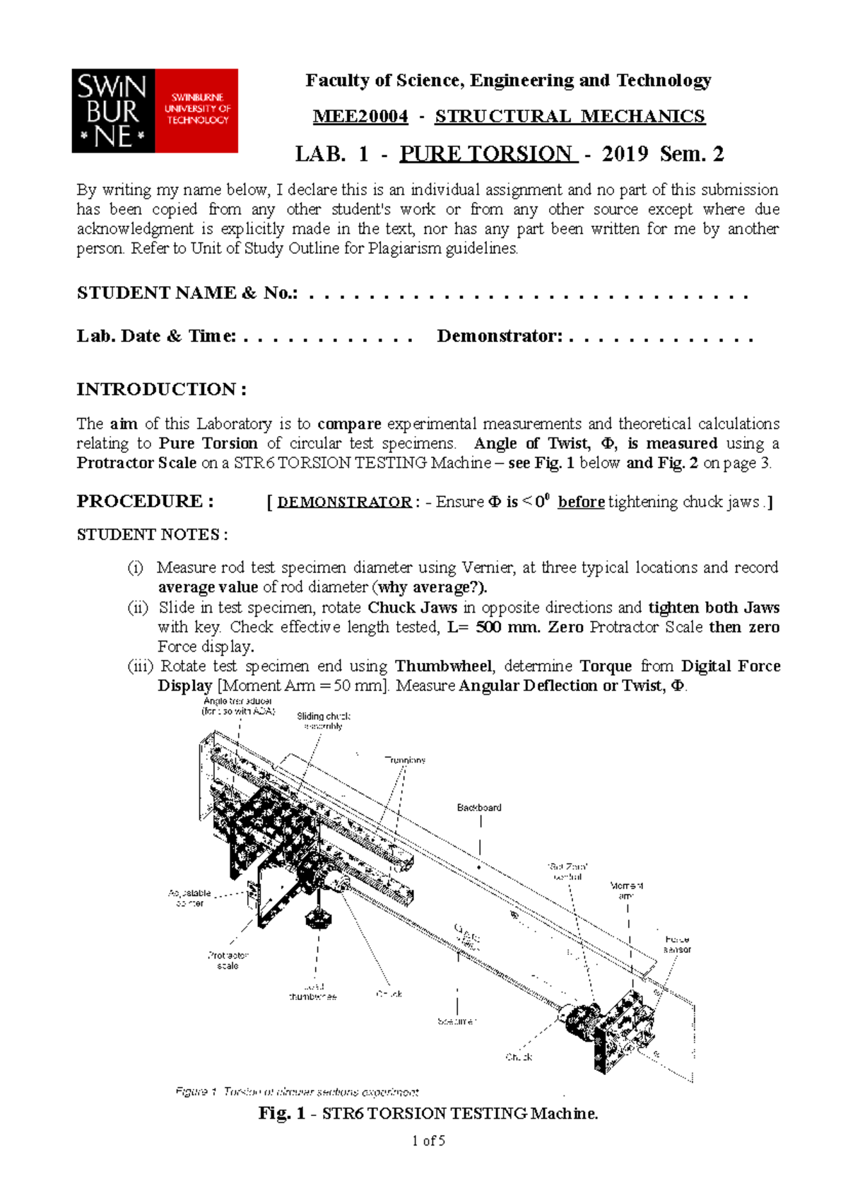 MEE2000 4 Lab1 2019 Sem2-1 - Faculty of Science, Engineering and ...