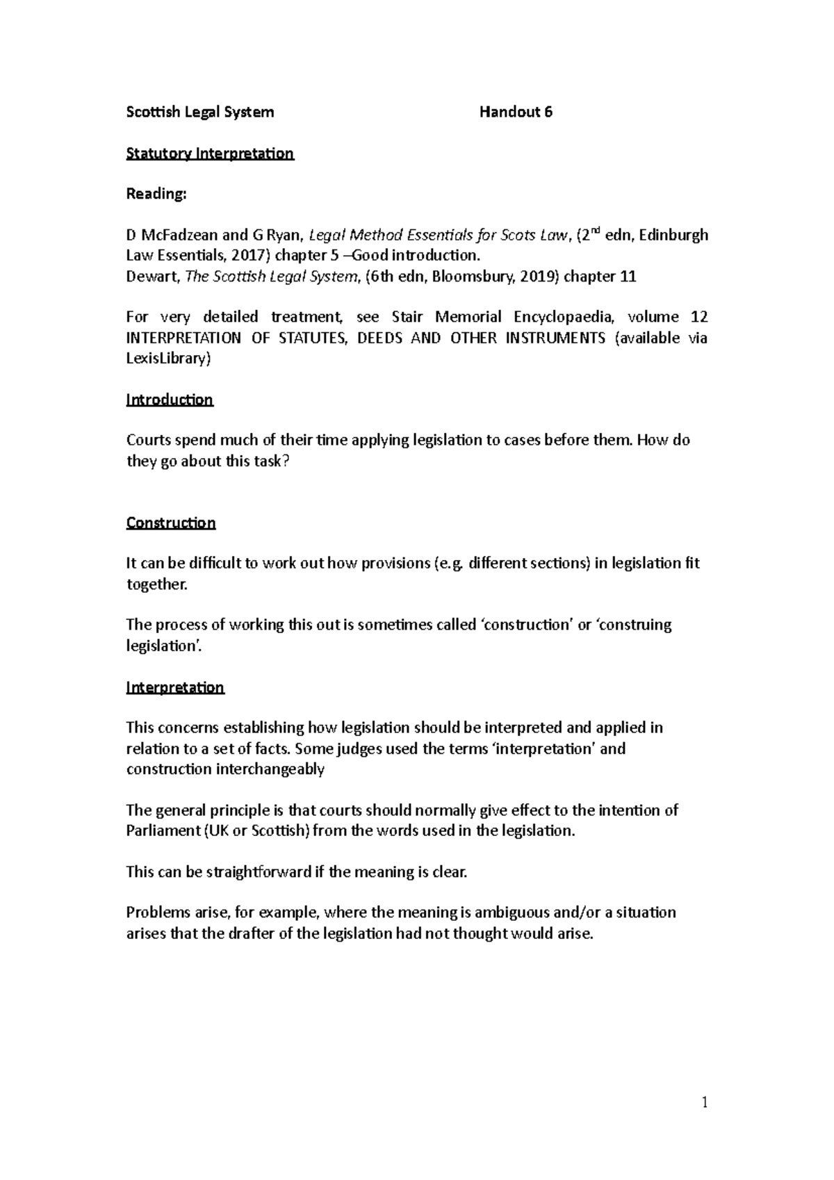 Handout 6 statutory interpretion - Scottish Legal System Handout 6 ...