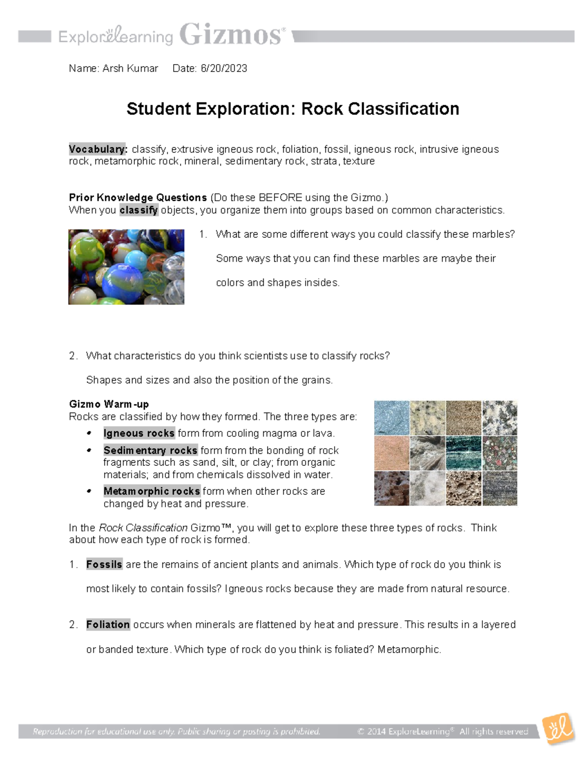 2.9 Rock Classification SE - Name: Arsh Kumar Date: 6/20/ Student ...