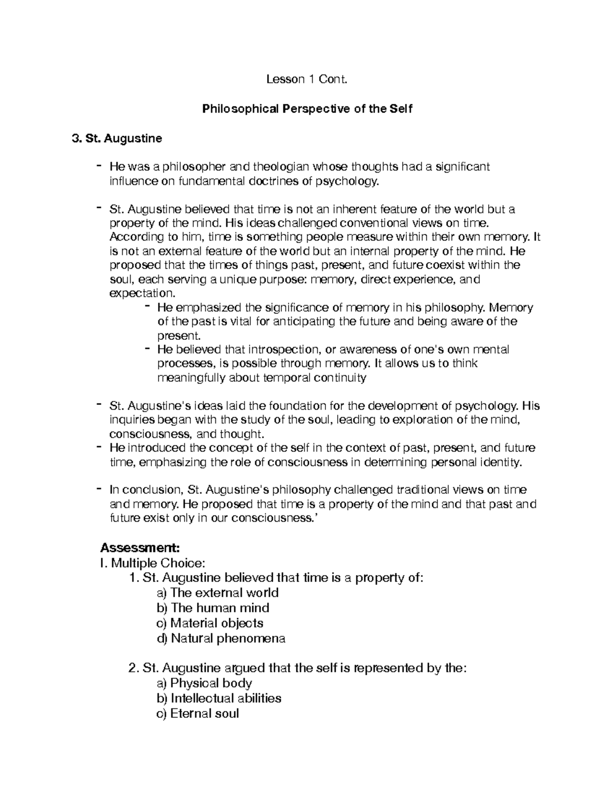 Uts mod 1 cont - This is about understanding the self - Lesson 1 Cont. Philosophical Perspective ...
