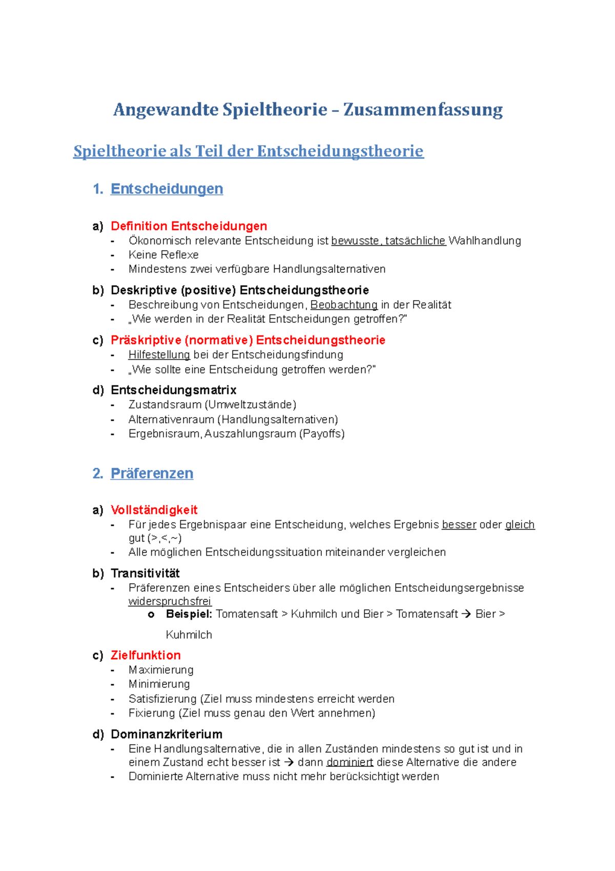 1) Spieltheorie als Teil der Entscheidungstheorie - Entscheidungen a ...