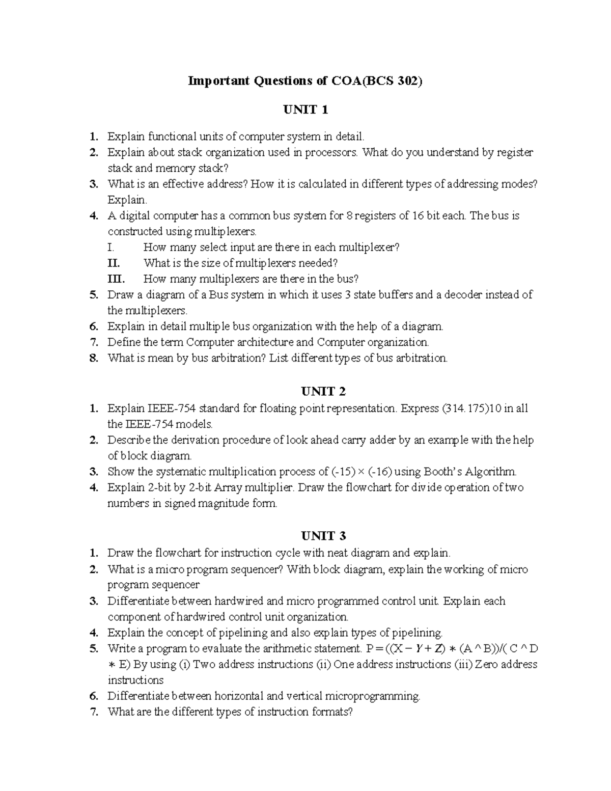 COA Important questions - Important Questions of COA(BCS 302) UNIT 1 1. Explain functional units ...