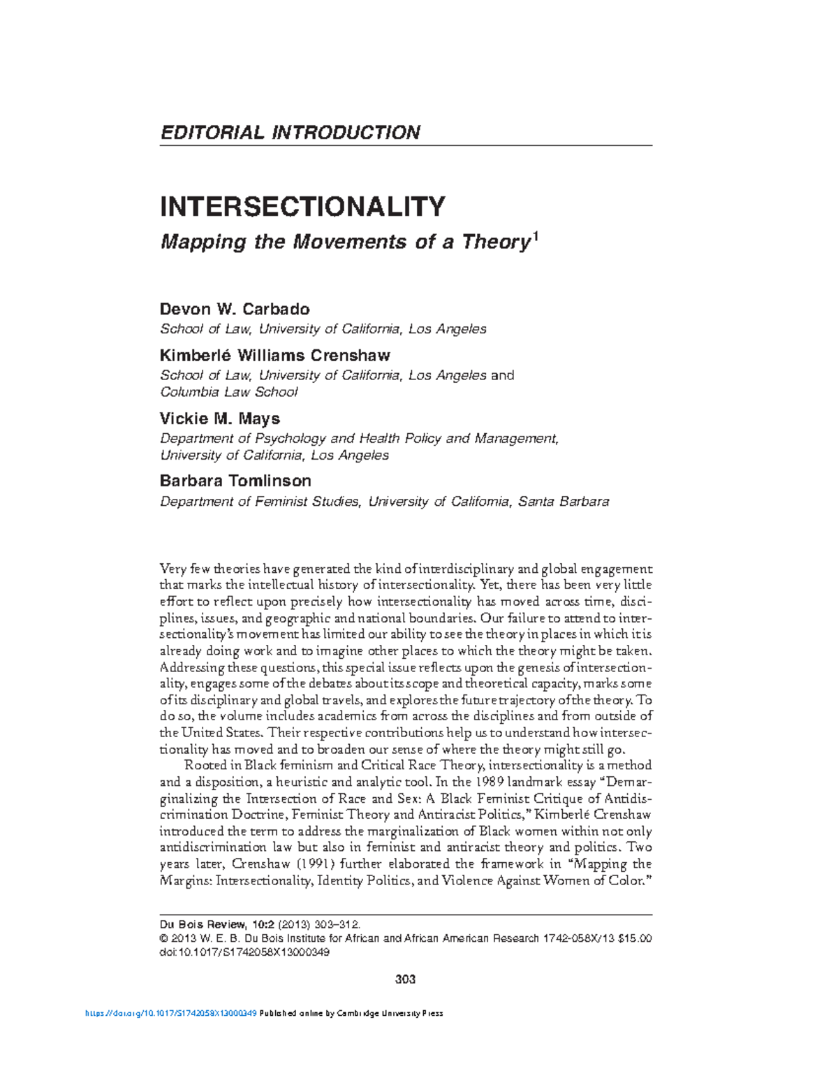 Intersectionality mapping the movements of a theory 1 - EDITORIAL INTRODUCTION INTERSECTIONALITY ...