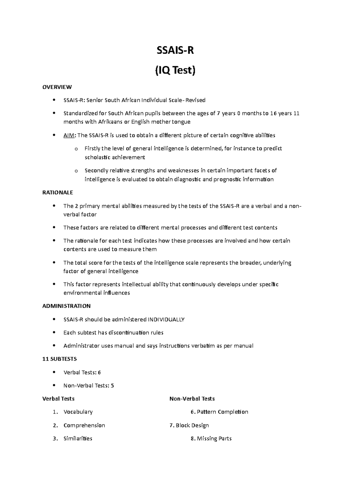 SSAIS-R Psychometric Test - SSAIS-R (IQ Test) OVERVIEW SSAIS-R: Senior ...