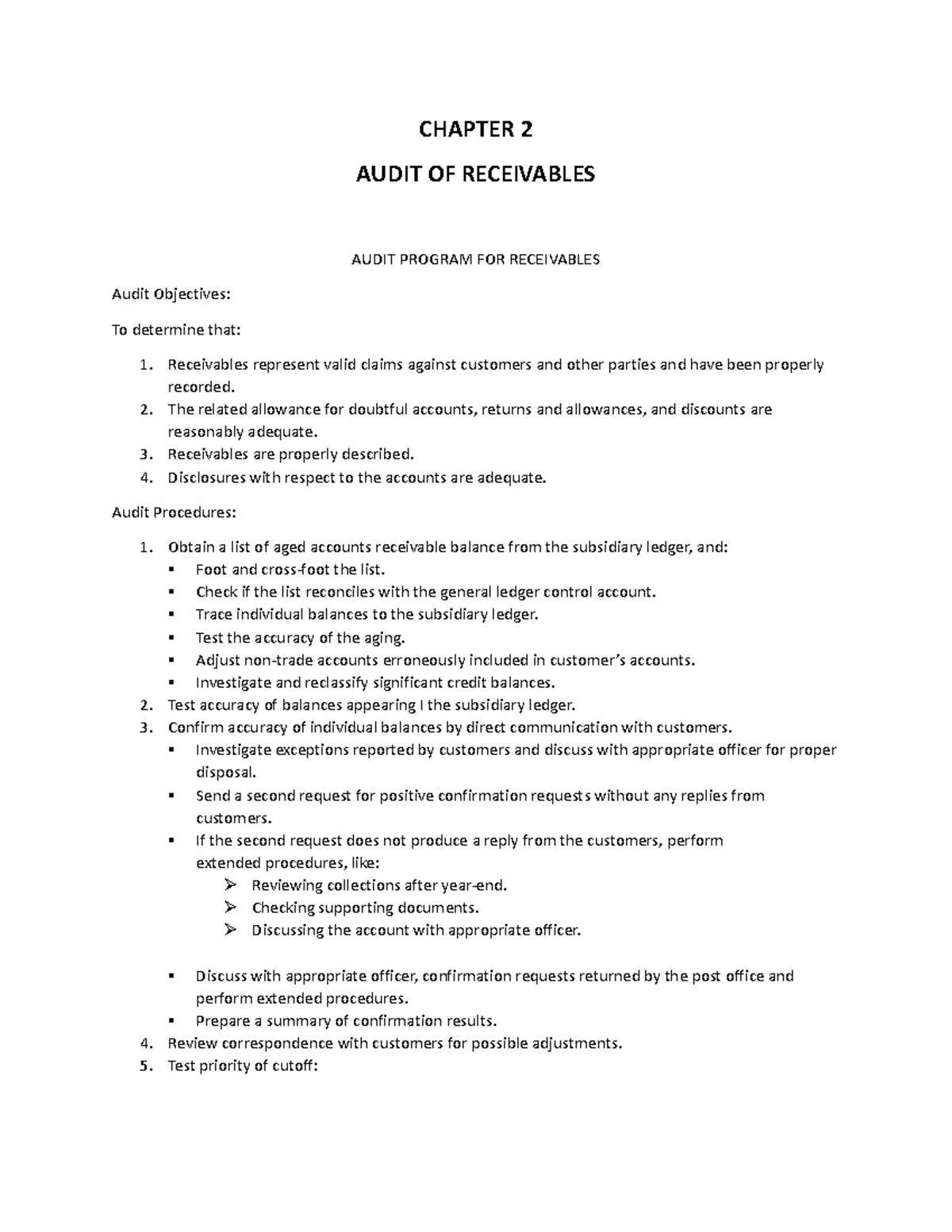 Audit of Receivables - note - CHAPTER 2 AUDIT OF RECEIVABLES AUDIT PROGRAM FOR RECEIVABLES Audit ...