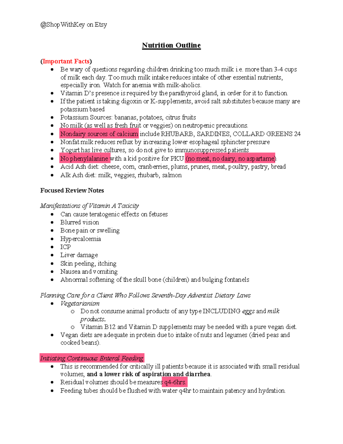 Nutrition Study Guidesingle - Nutrition Outline (Important Facts) Be ...