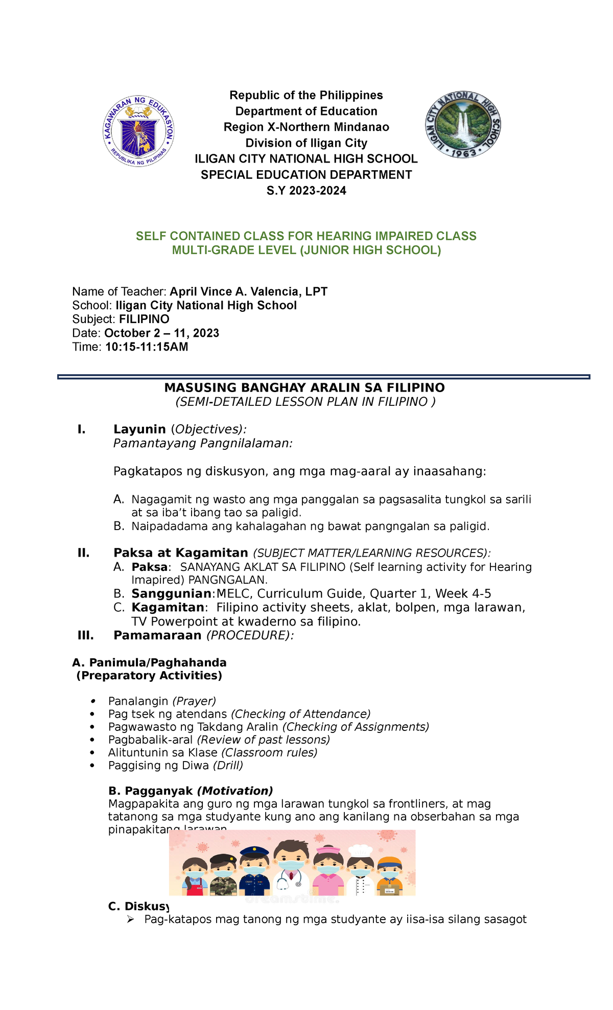 Filipino LP October - lesson plan - Republic of the Philippines ...