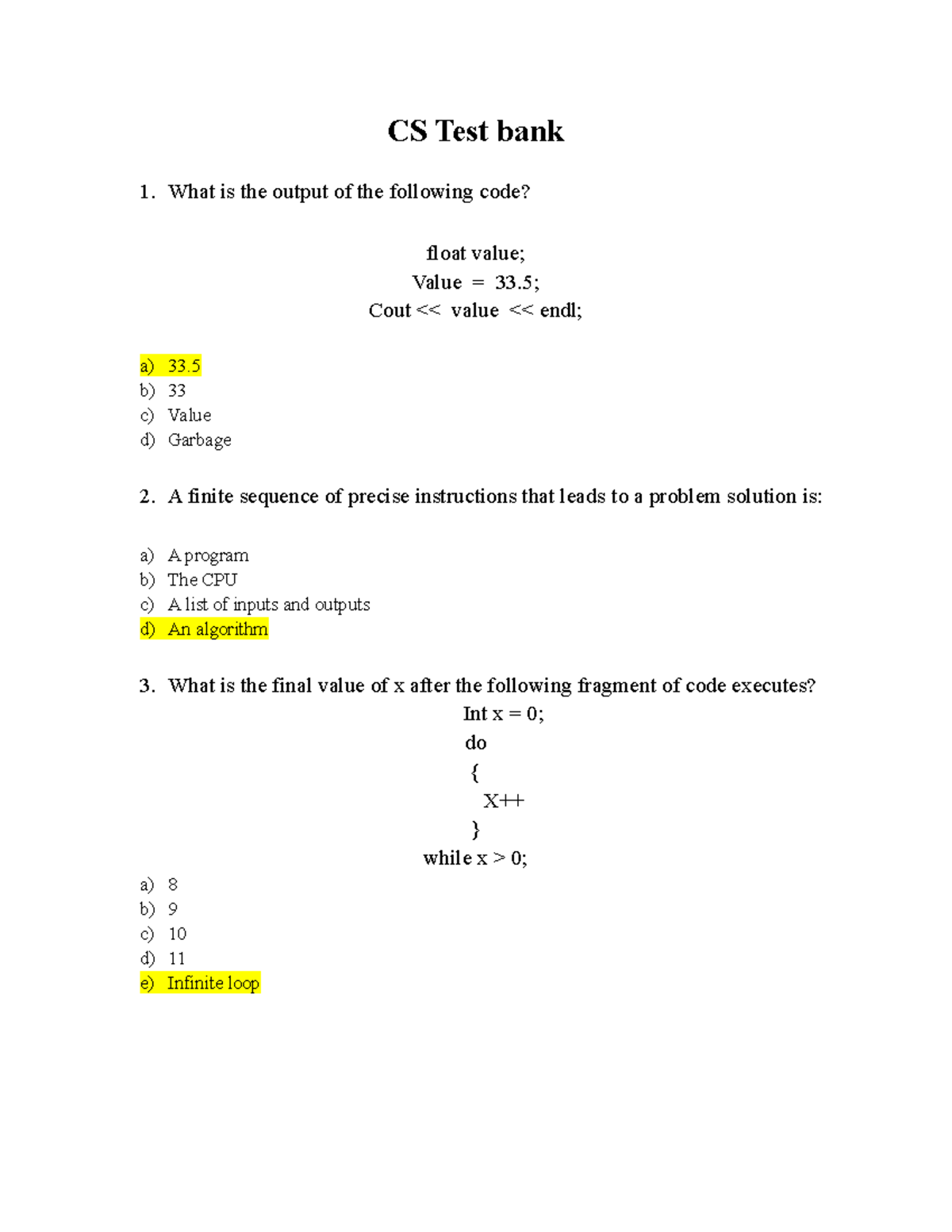 CS Test Bank-3 - test bank for midterm 1 - CS Test bank 1. What is the ...