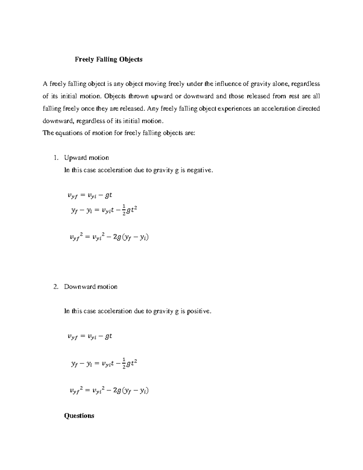 Aph 101 part 2 - notes - Freely Falling Objects A freely falling object ...