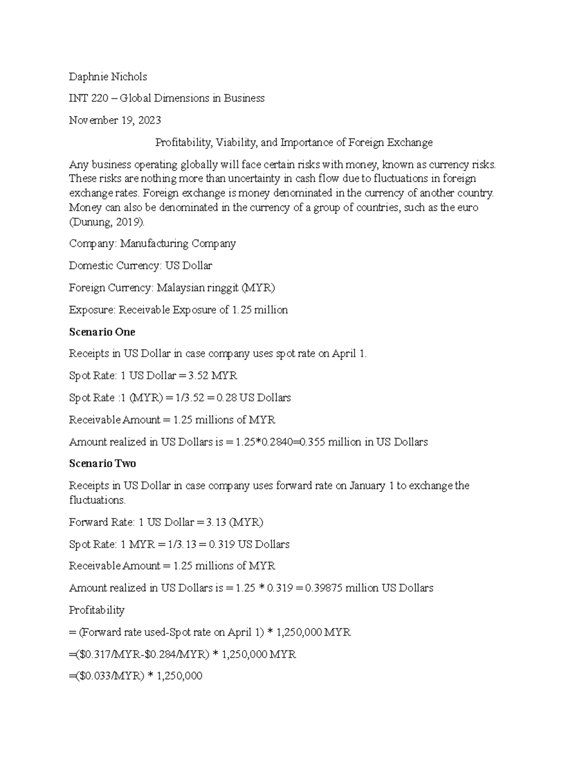 INT 220 Foreign Exchange - Daphnie Nichols INT 220 – Global Dimensions ...