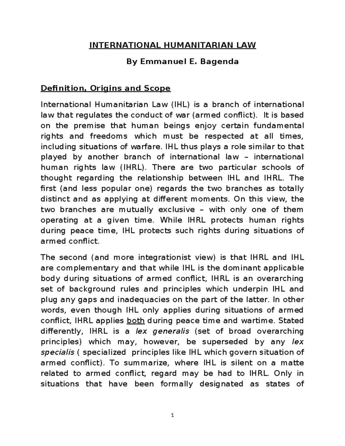 IHL N 2 - INTERNATIONAL HUMANITARIAN LAW By Emmanuel E. Bagenda ...