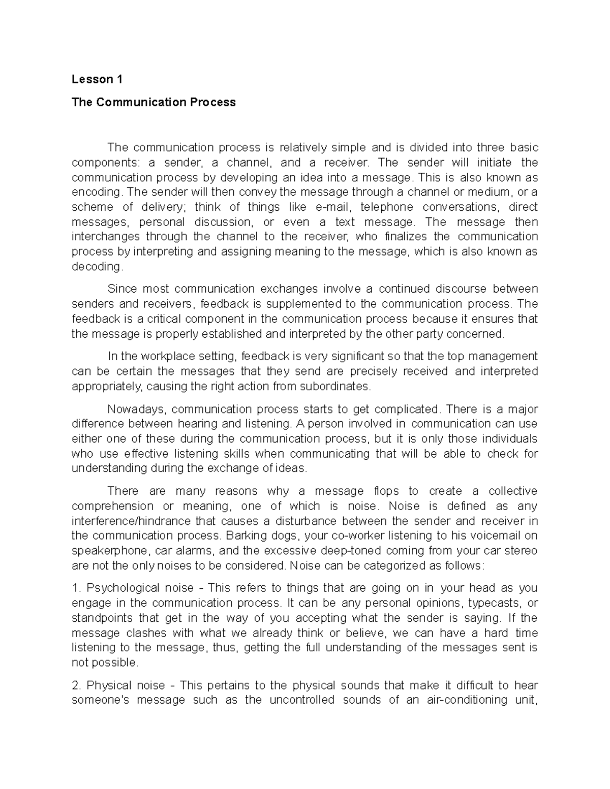 Lesson 1 The Communication Process - The sender will initiate the ...