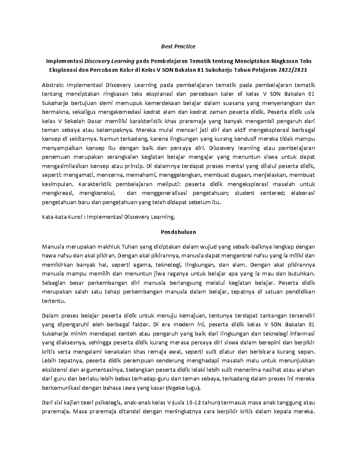 Best Practice - Best Practice Implementasi Discovery Learning pada Pembelajaran Tematik tentang ...
