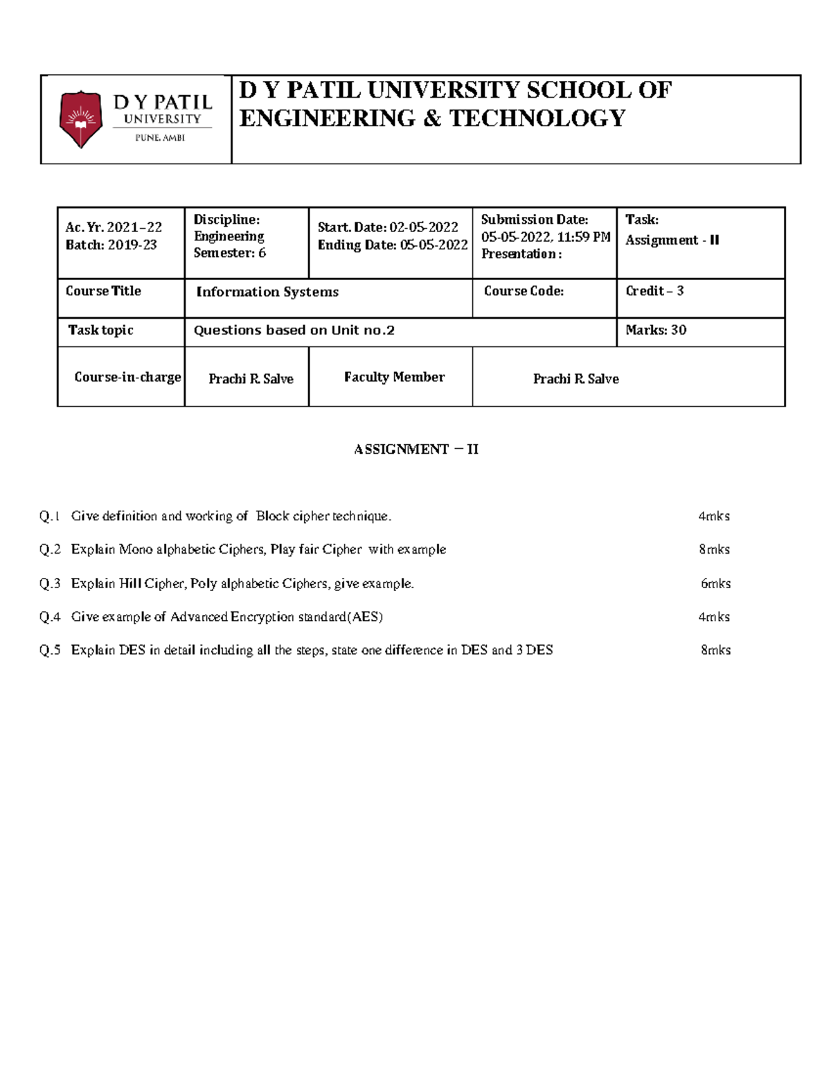 Assignment II- Information Security - D Y PATIL UNIVERSITY SCHOOL OF ...