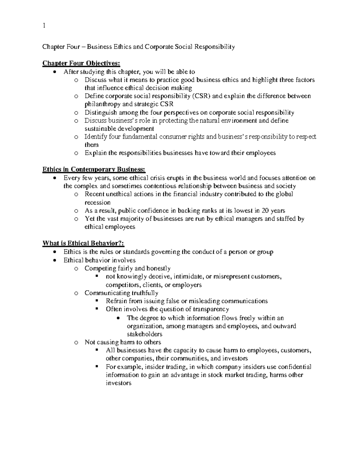 Chapter Four Notes - Davis - 1 Chapter Four Business Ethics and ...