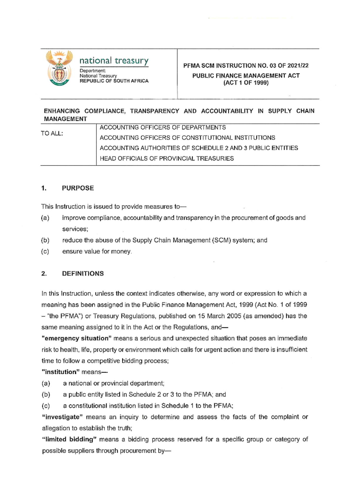 PFMA SCM Instruction No 03 Of 2021 22 Enhancing Compliance Transparency and Accountability In ...