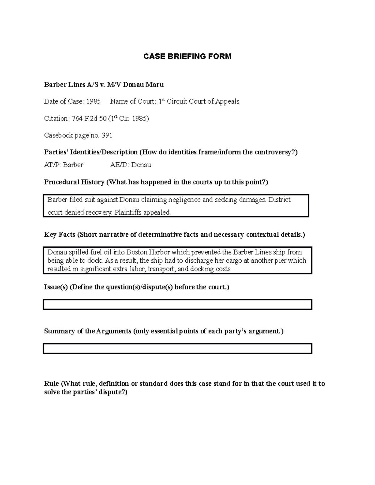 Barber Lines A:S v. M:V Donau Maru - CASE BRIEFING FORM Barber Lines A ...