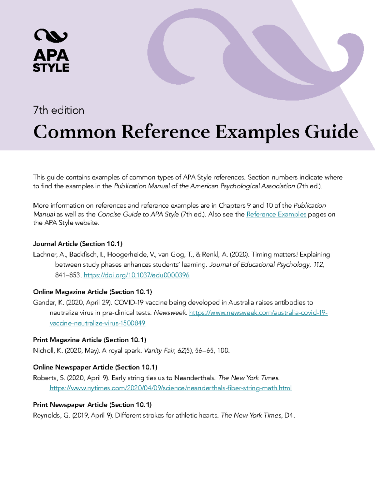 APA Reference Examples - 7th edition Common Reference Examples Guide ...