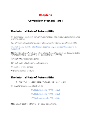 Chapter 5 Comparison Methods Part 2 - External rate of return (ERR), denoted by i*e, is rate of ...