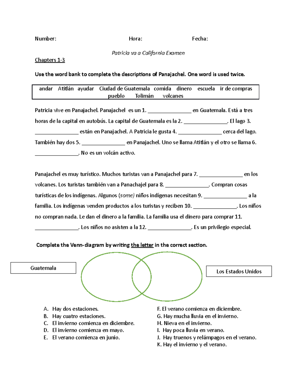 Book Test Study Guide - Number: Hora: Fecha: Patricia va a California ...