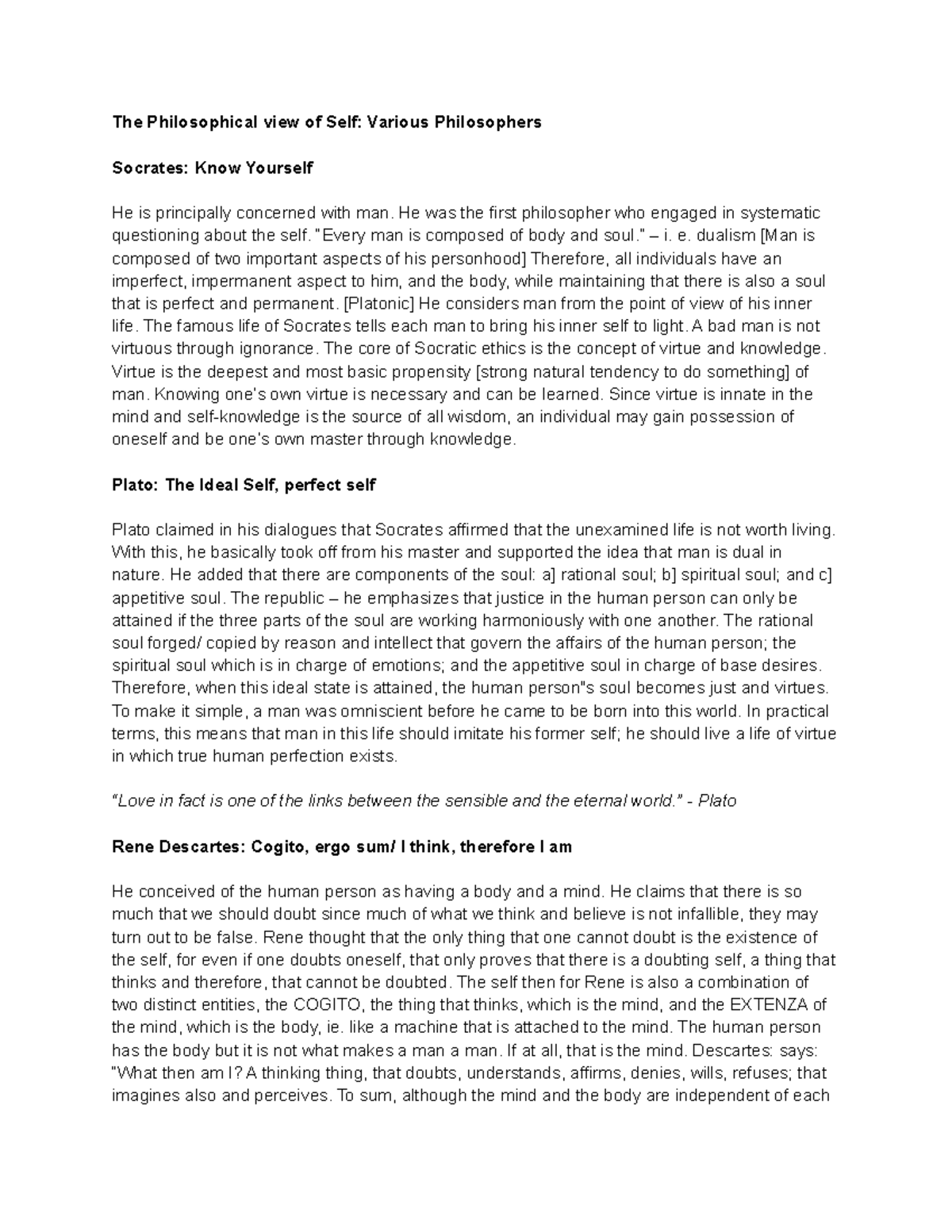 The Philosophical view of Self Various Philosophers - He was the first ...