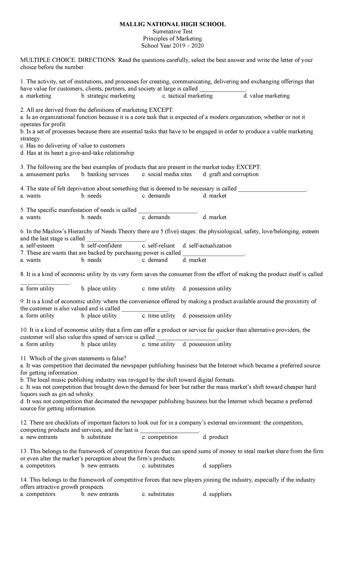 PRIN. OF Marketing-summative test - MALLIG NATIONAL HIGH SCHOOL ...