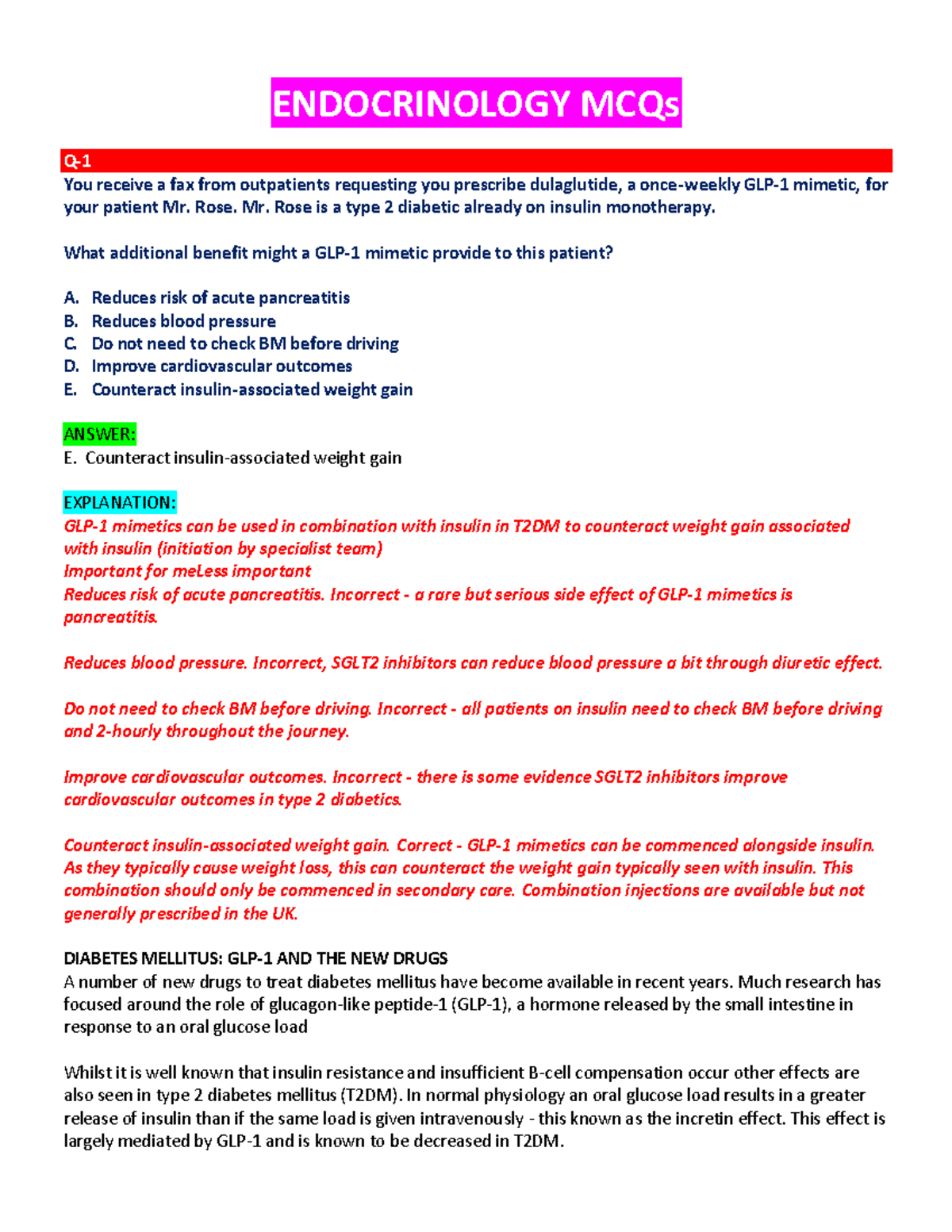 Passmedicine MCQs- Endocrinology - ENDOCRINOLOGY MCQs Q- You receive a fax from outpatients ...