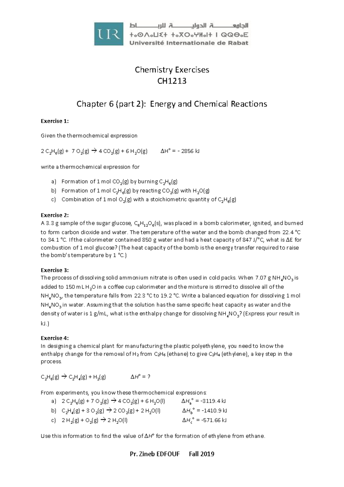 Exercises- Chapter 6 - Energy and Chemical Reactions- part 2 - Pr. Zineb EDFOUF Fall 2019 ...