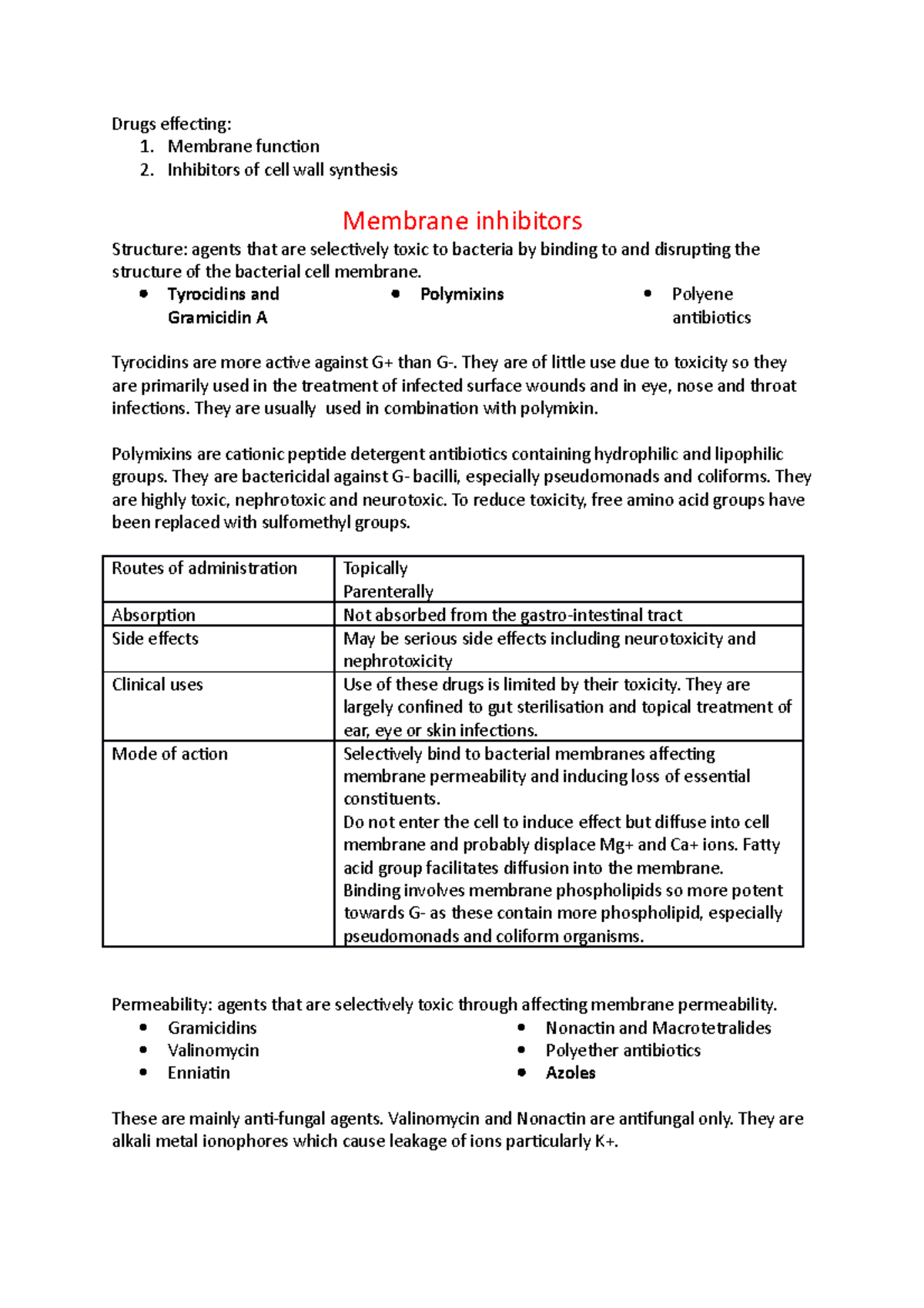 11 Membrane function and cell wall synthesis - Drugs effecting: 1 ...