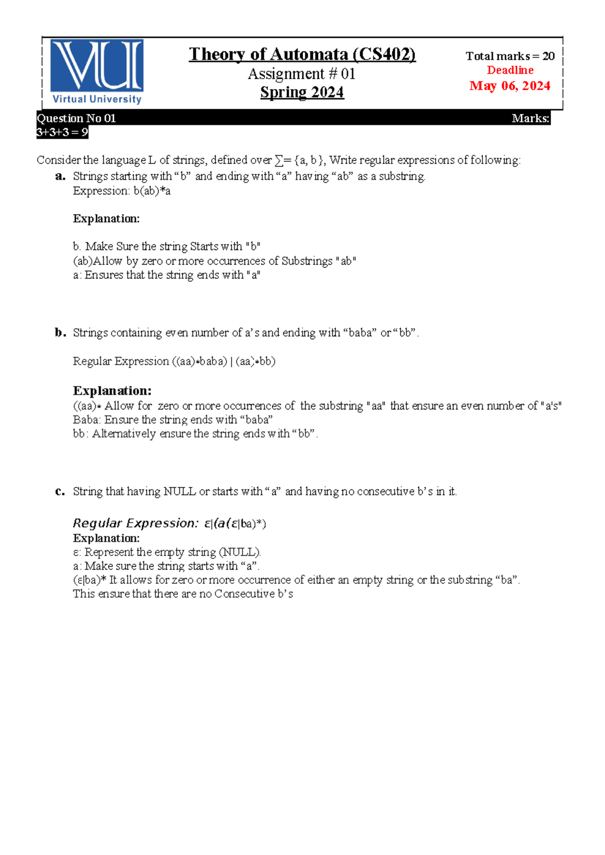 Bc170405327 CS 402 - Assignment - Theory of Automata (CS402) Assignment # 01 Spring 2024 Total ...