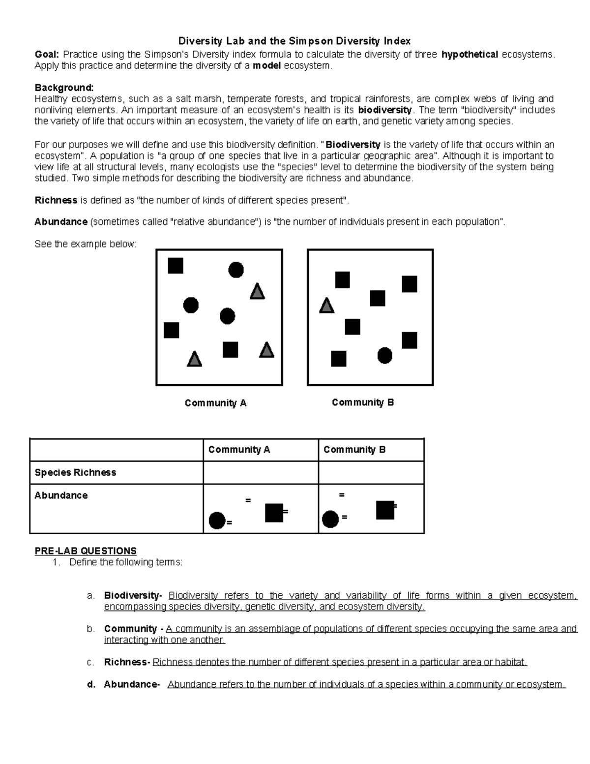 Bean+Lab+AP+-+Simpson+Index - Community A Community B Diversity Lab and ...