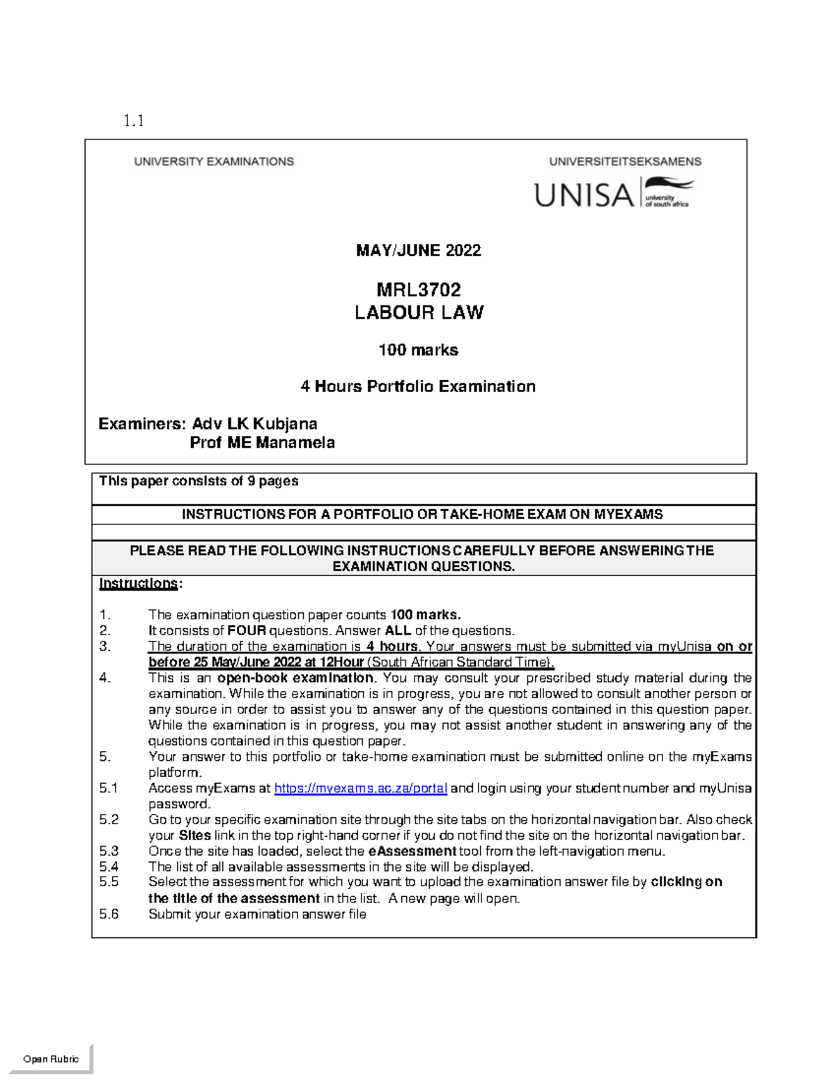 MRL3702 MJ 2022 E F - Exam paper - 1. MAY/JUNE 2022 MRL 3702 LABOUR LAW ...