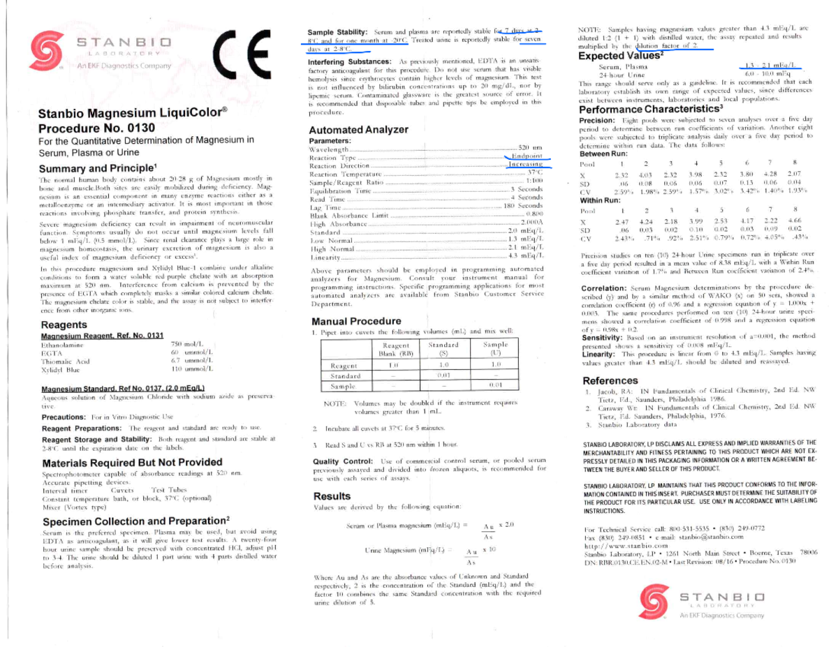Stanbio Magnesium - Good luck! - Clinical Chemistry 2 - Studocu