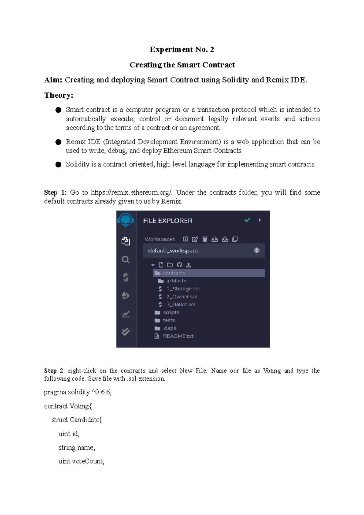 Experiment No. 2 - expts - Experiment No. 2 Creating the Smart Contract Aim: Creating and ...