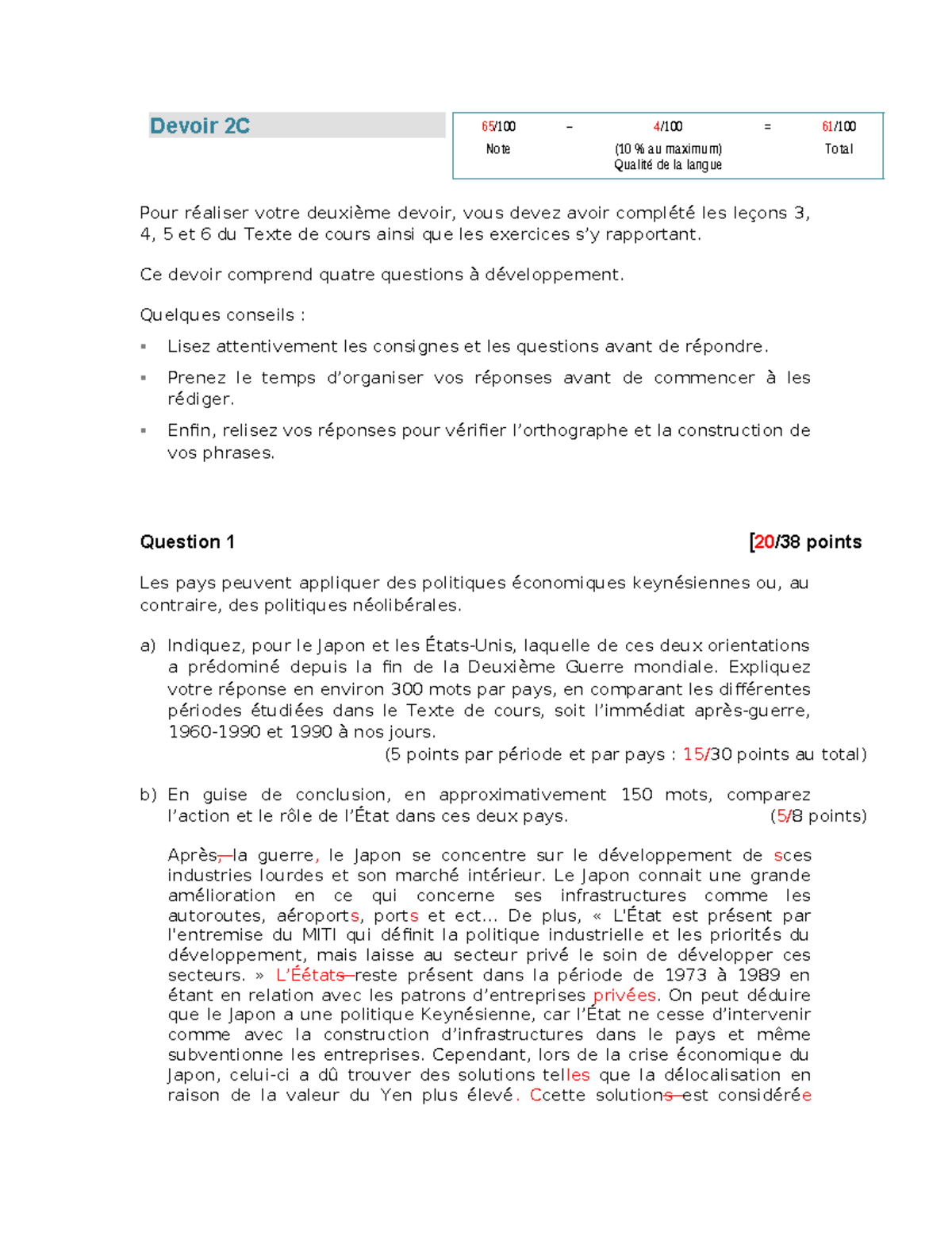 Devoir 2 économie-cégep - Devoir 2C 65 / 100 Note – 4 / 100 (10 % au maximum) Qualité de la ...