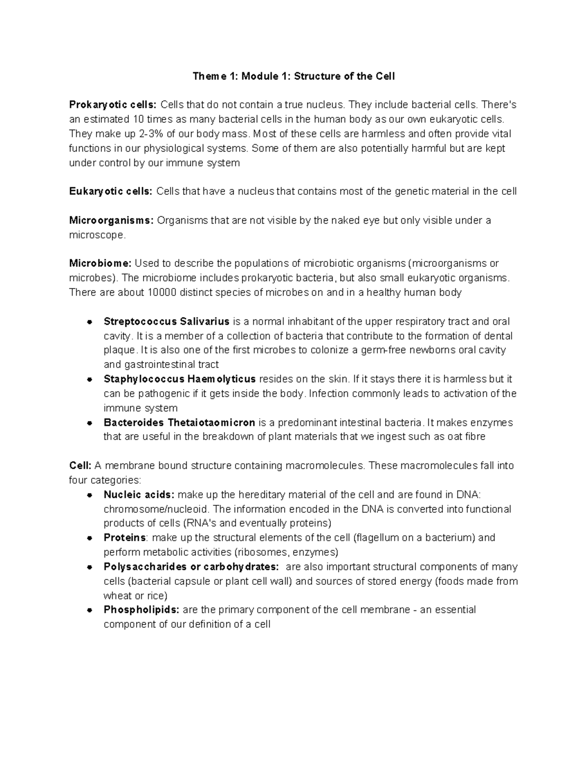 Biology Exam Review - Theme 1: Module 1: Structure of the Cell ...