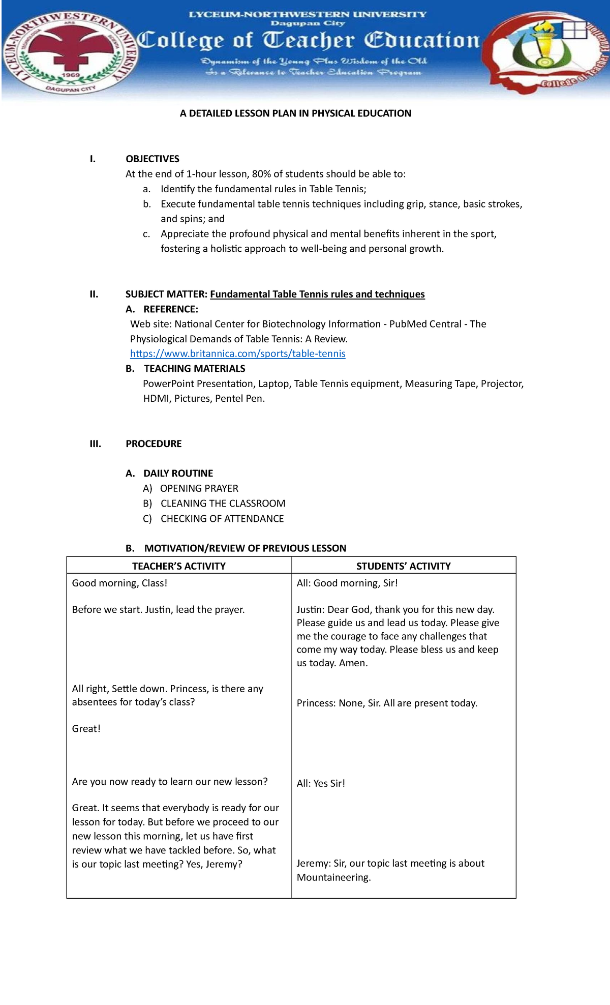 Table Tennis DLP final demo PDF - A DETAILED LESSON PLAN IN PHYSICAL ...