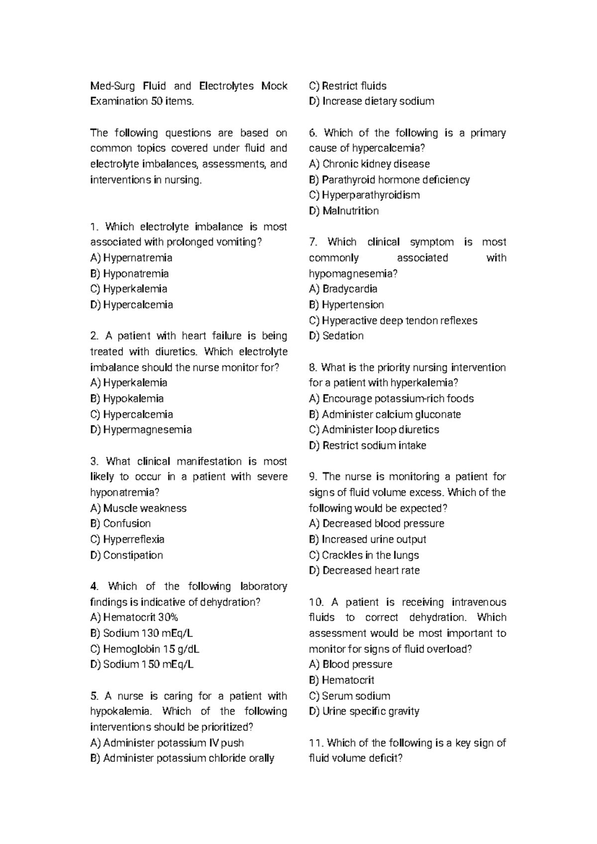 FE-Mock-Exam - mock questions - Med-Surg Fluid and Electrolytes Mock ...