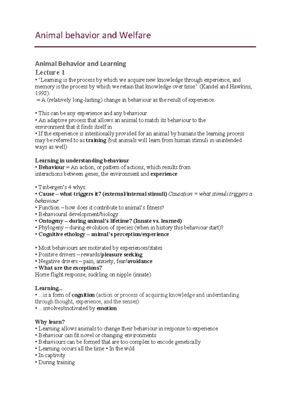 Animal behavior notes - Animal behavior and Welfare Animal Behavior and ...