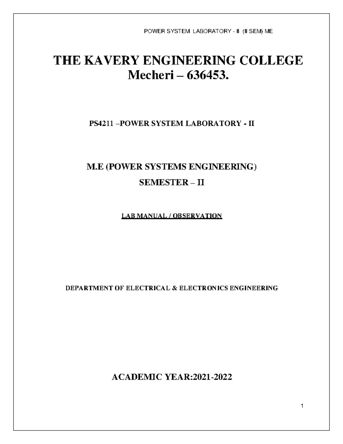 PS4211- Power System Lab II manual - THE KAVERY ENGINEERING COLLEGE ...