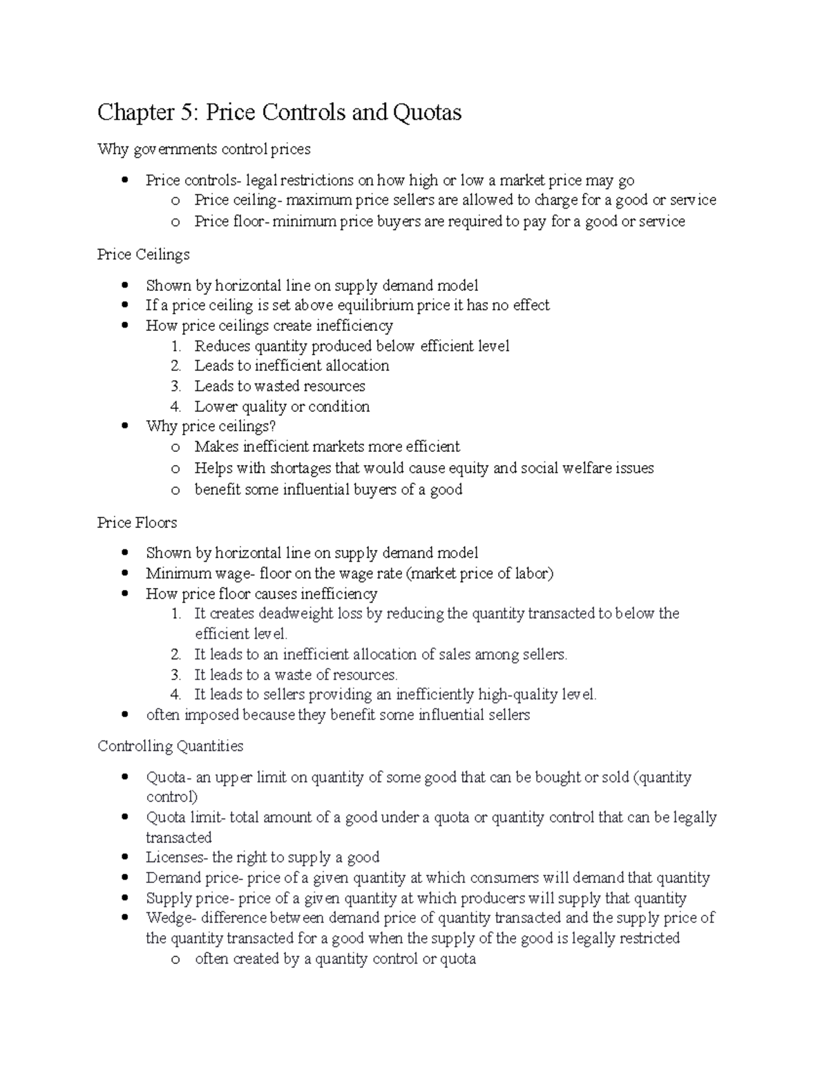Microeconomics Chapter 5 - Chapter 5: Price Controls and Quotas Why ...
