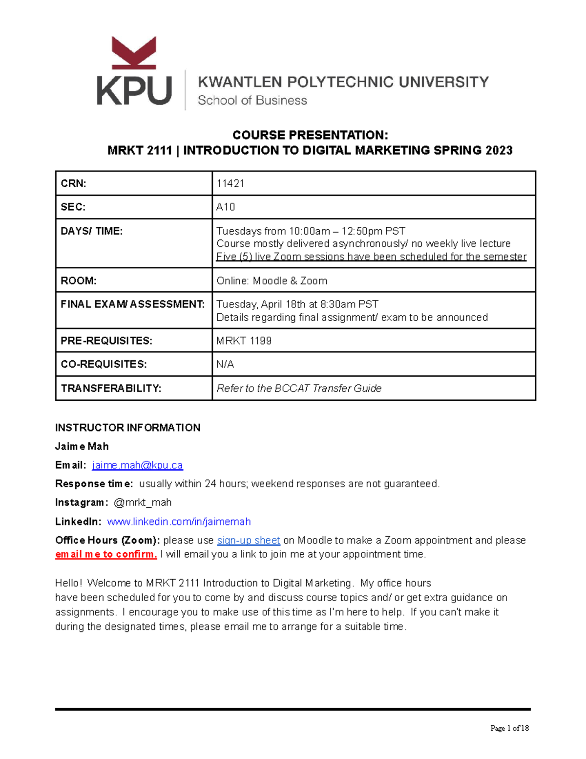 MRKT 2111 A10 Spring 2023 MAH Jaime CP.docx - COURSE PRESENTATION: MRKT ...