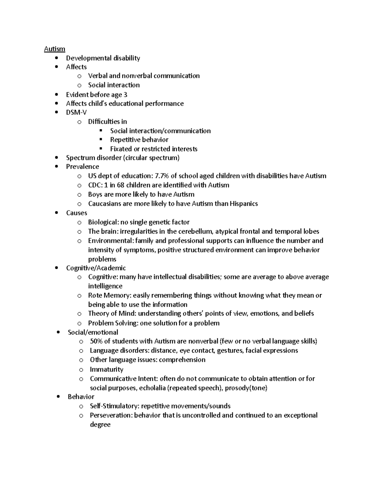 Chapter 10 notes - Autism - Autism Developmental disability Affects o ...